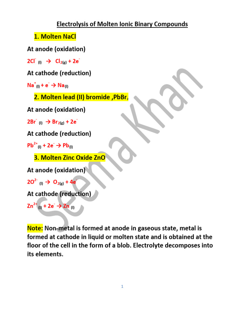 Electrolysis of Molten Ionic Compounds | PDF