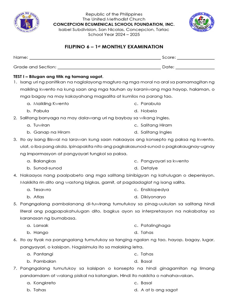 Filipino 6 - 1st Monthly Assessment | PDF