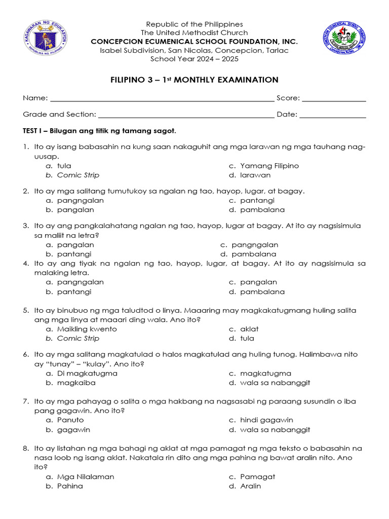 Filipino 3 - 1st Monthly Assessment | PDF