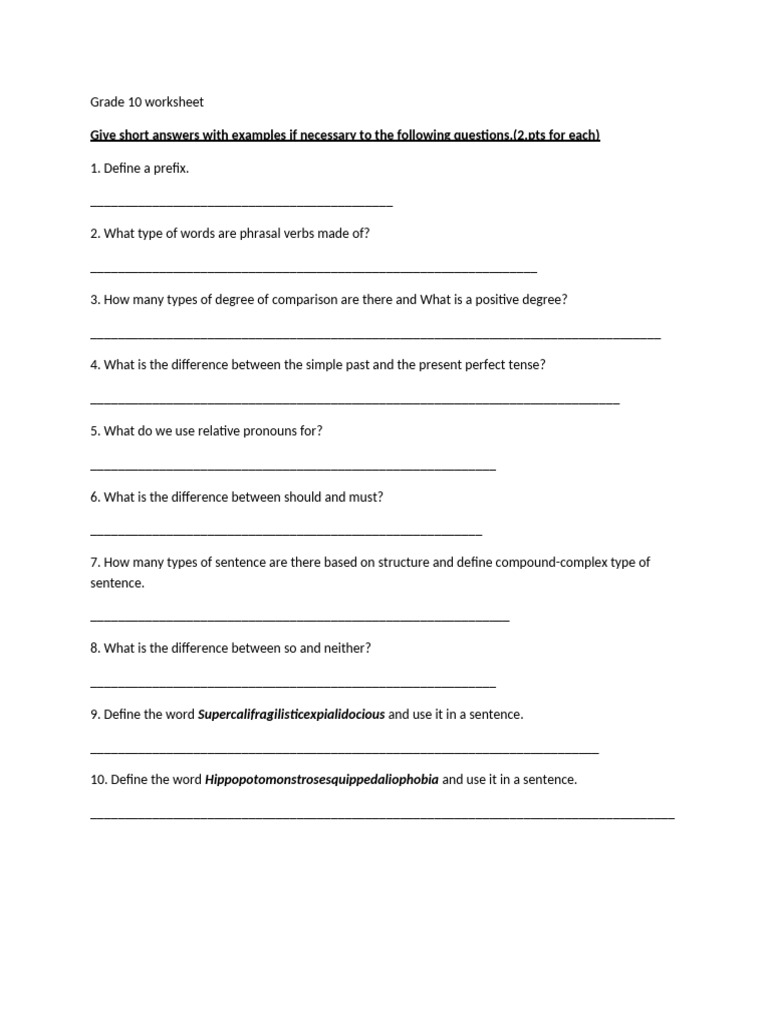 Grade 10 English Language Worksheet | PDF