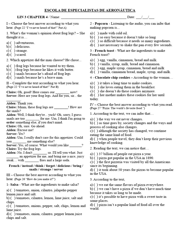 Lin 3 Chapter 4 Extra Practice (1) | PDF | Pizza | Asian Cuisine