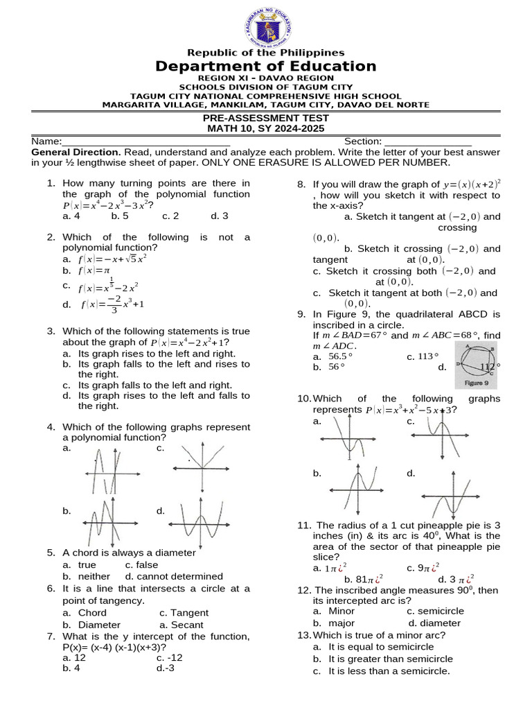 Pre Assessment Test Math 10 2ND Quarter | PDF | Circle | Mathematical ...