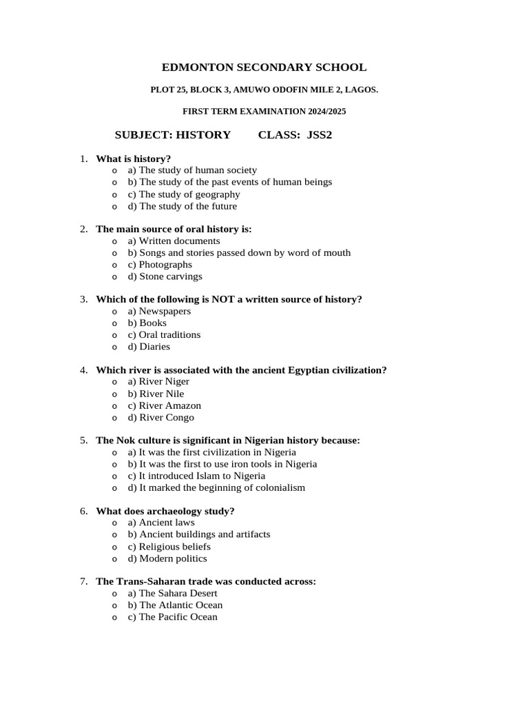 JSS2 History Exam Questions 2024/2025 | PDF | West Africa | Africa