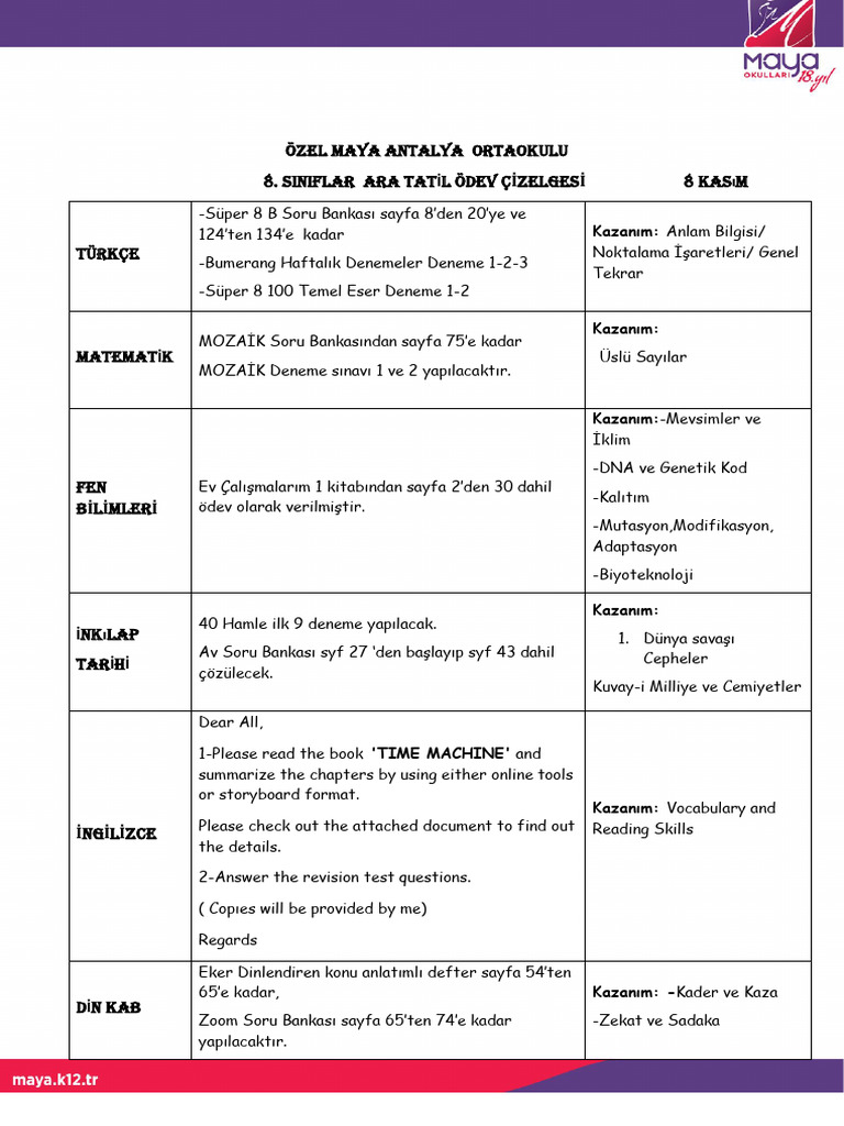 8. SINIFLAR ARA TATIL ODEV CIZELGESI | PDF