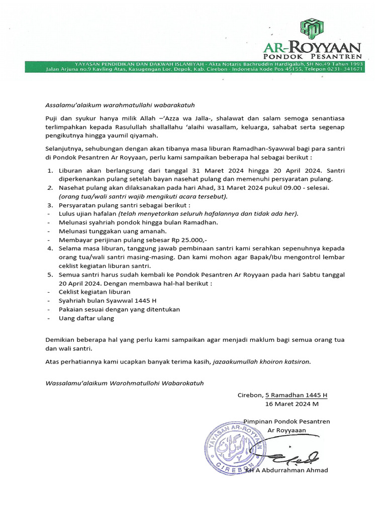 Surat Pemberitahuan Libur | PDF