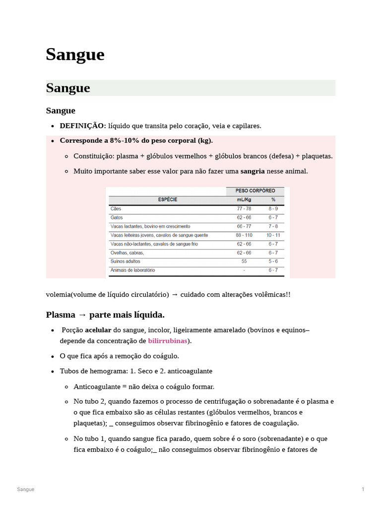 Composição e Funções do Sangue Animal | PDF | Sangue | Hemácia