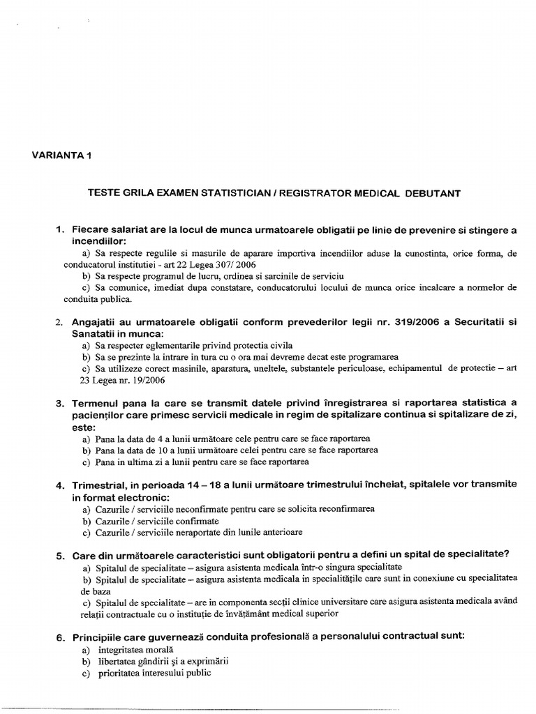 Barem Varianta I Registrator Si Statistician Medical Debutant | PDF