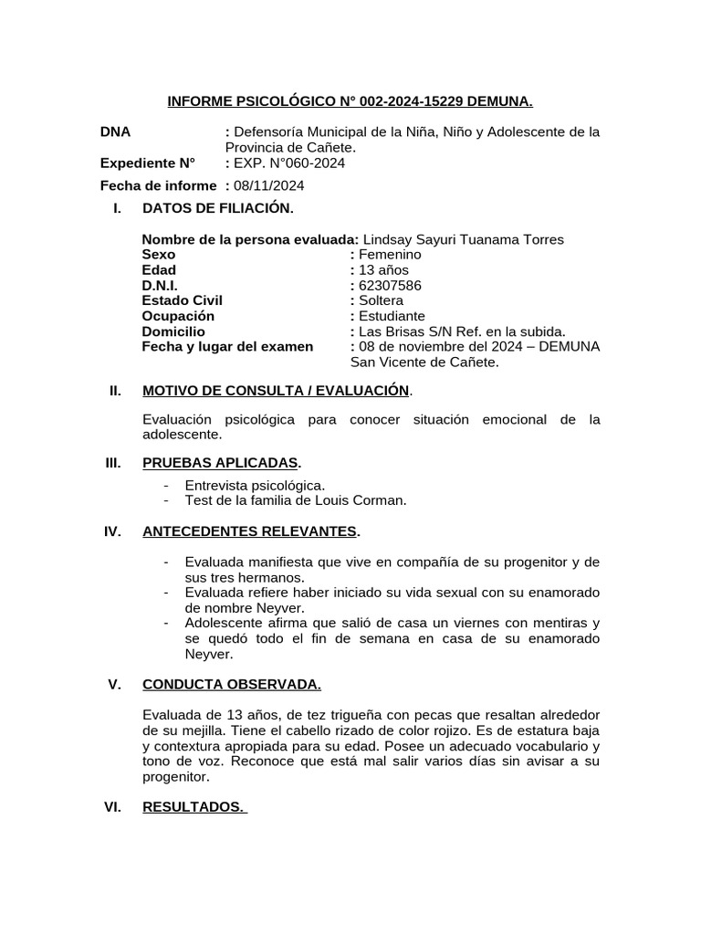 INFORME PSICOLÓGICO N° 002-2024 | PDF | Sicología | Ciencias del comportamiento
