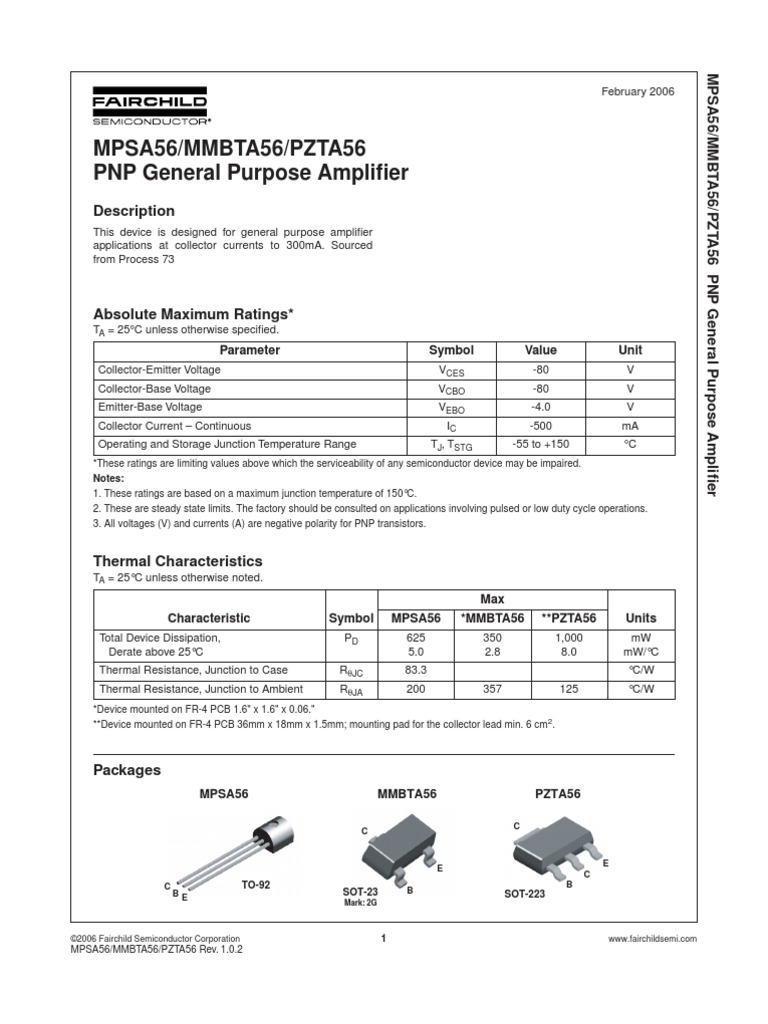 MPSA56/MMBTA56/PZTA56 PNP General Purpose Amplifier: Description | PDF ...