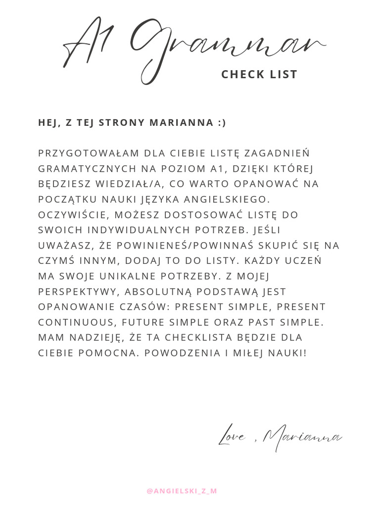 A1 Grammar Checklist | Pdf