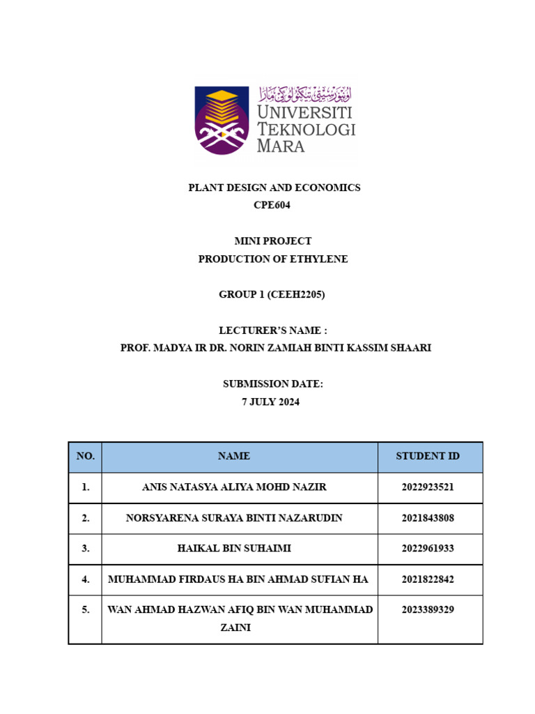 CPE604 Mini Project - Production of Ethylene | PDF | Ethanol | Cracking (Chemistry)
