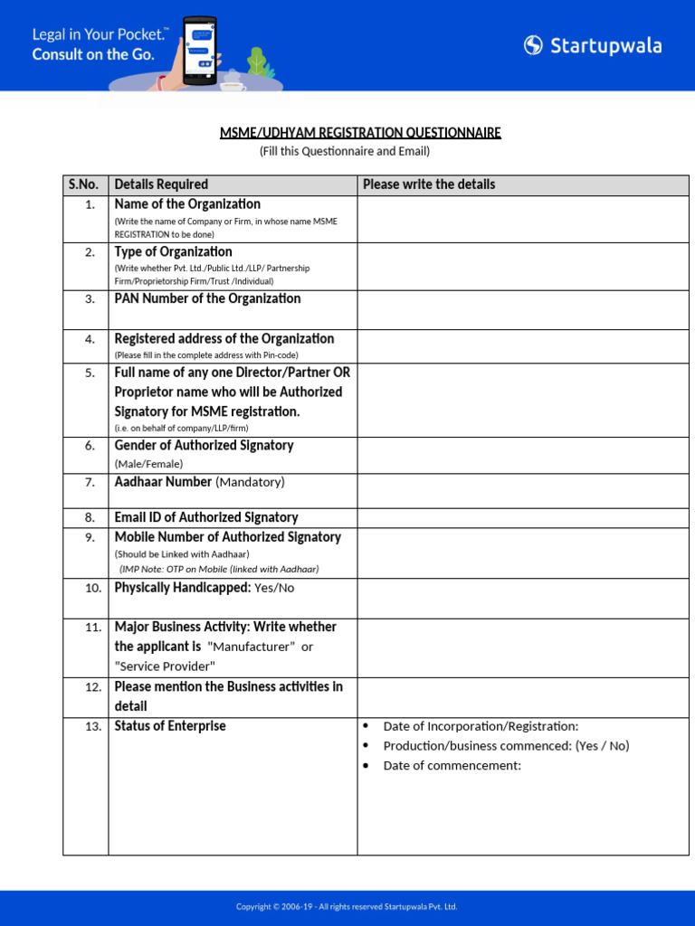 MSME Questionnaire Form | PDF | Business | Sole Proprietorship