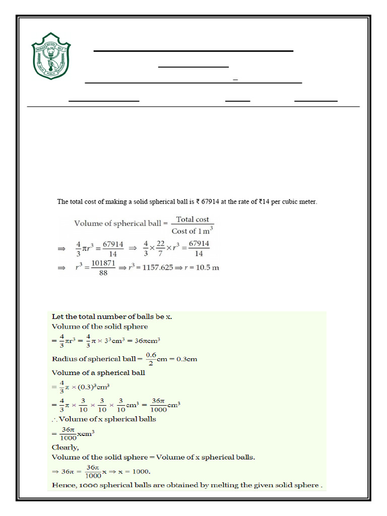Delhi Public School Bangalore - East Mathematics Surface Areas and ...