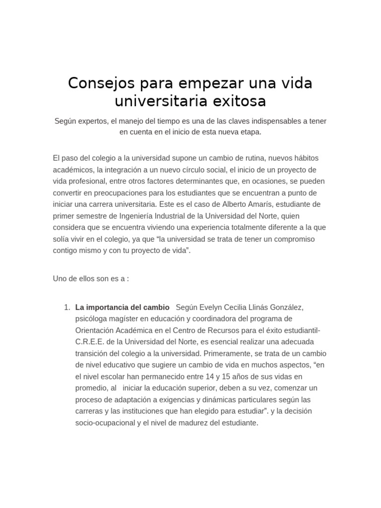 Consejos para empezar una vida universitaria exitosa | PDF | Cognición ...