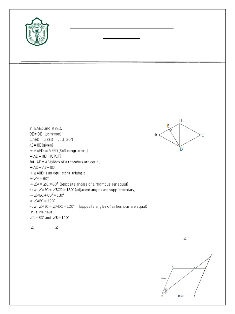 DPS Bangalore East Math Worksheet Key | PDF | Rectangle | Euclidean Plane Geometry