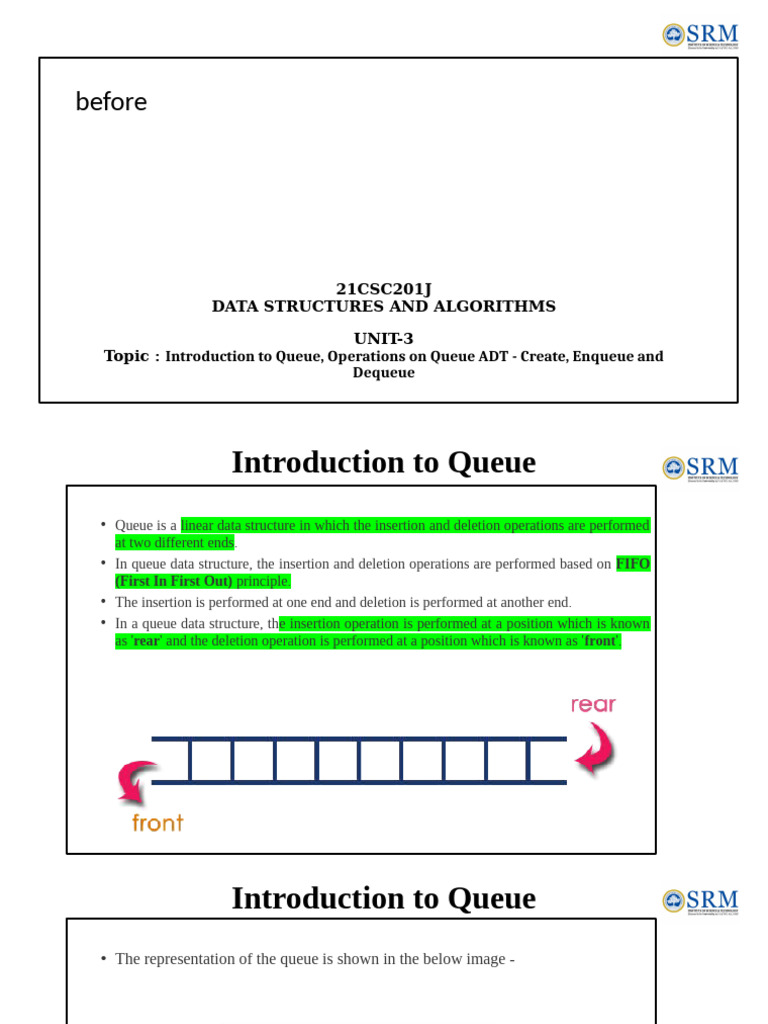 Unit Iii Introduction To Queue And Operations Of Queue Adt Pdf