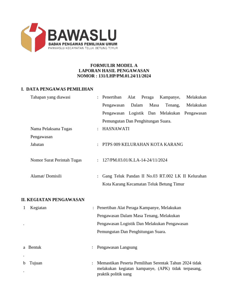 FORM A_PTPS 12_KELURAHAN KOTA KARANG_TBT Hasnawati | PDF