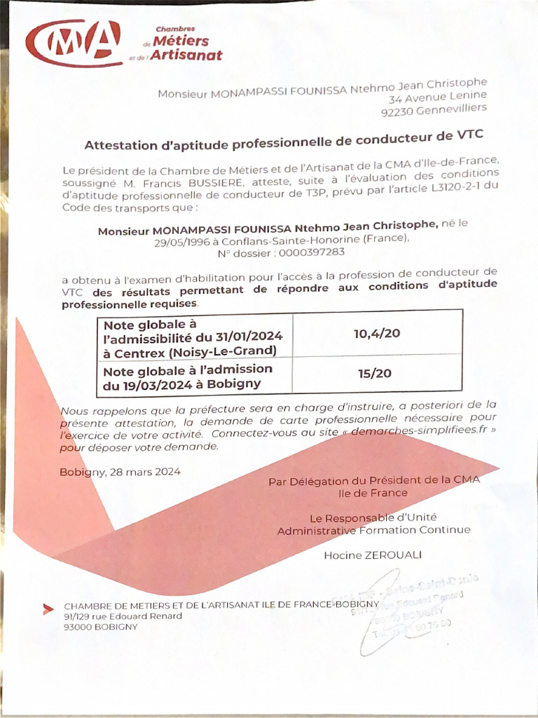 ATTESTATION VTC Chambre Des Métiers | PDF
