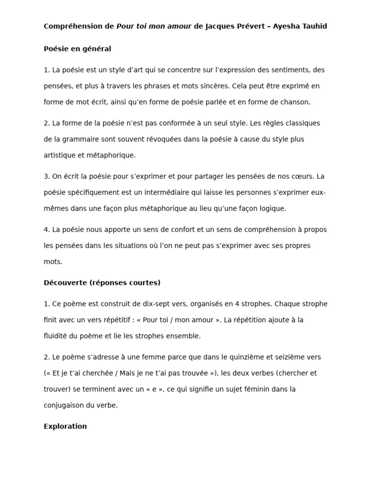 Analyse de "Pour toi mon amour" | PDF | Poésie | Métaphore