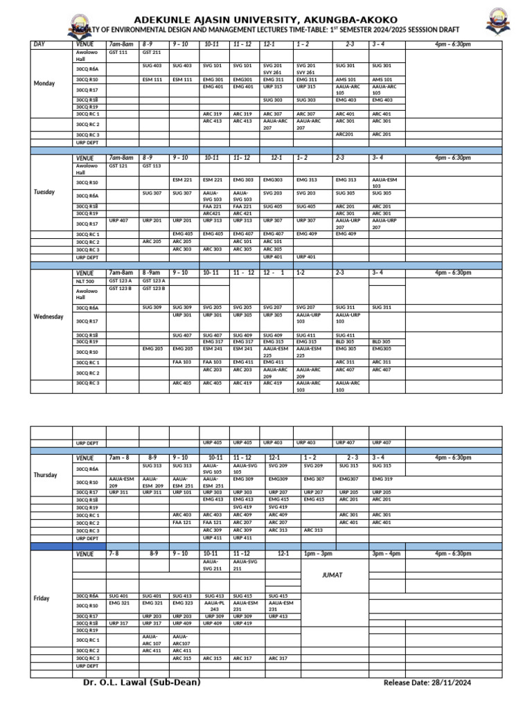 Fedm 2024 2025 1ST Semester Lecture Time Table | PDF