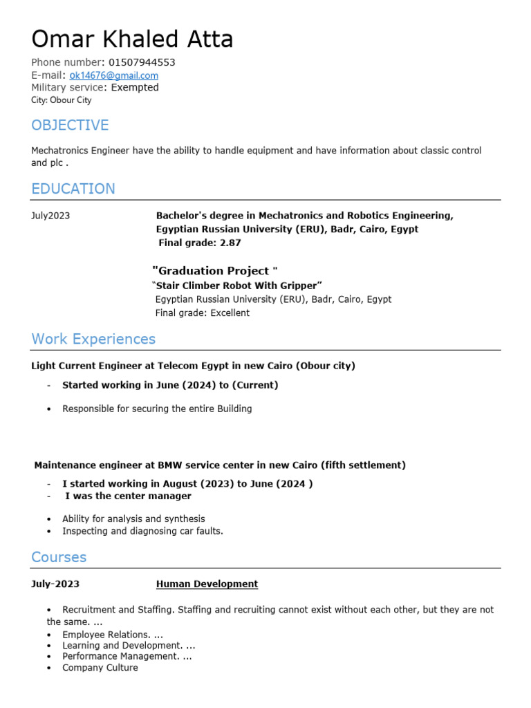 cv omar khaled atta | PDF | Mechatronics | Engineering