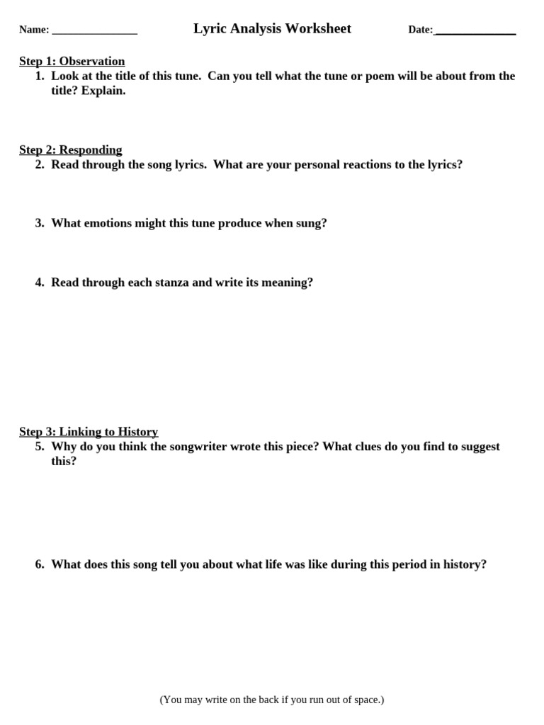 Lyric Analysis Worksheet: Name: - Date | PDF
