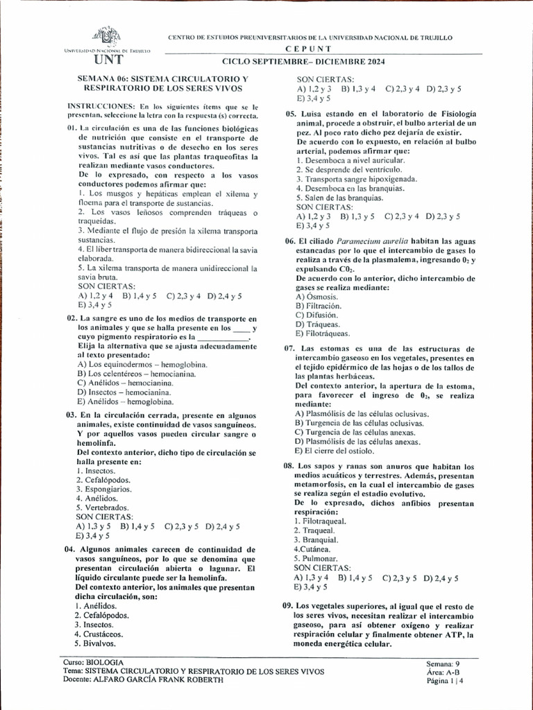 Practica Biología Semana 9 | PDF | Vena | Pulmón