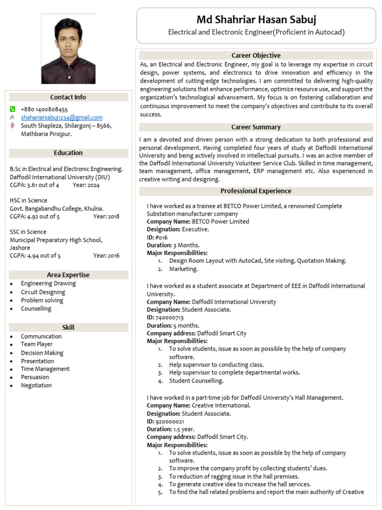 Resume, Electrical Engineer, Md Shahriar Hasan | PDF | Engineering