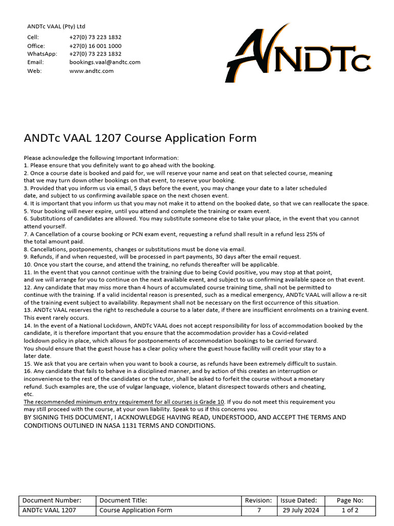 ANDTc VAAL 1207 Course Application Form Rev 7 | PDF
