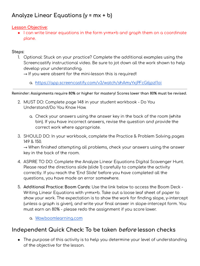 Lesson 2-9 Student Instructions_ Analyze Linear Equations | PDF