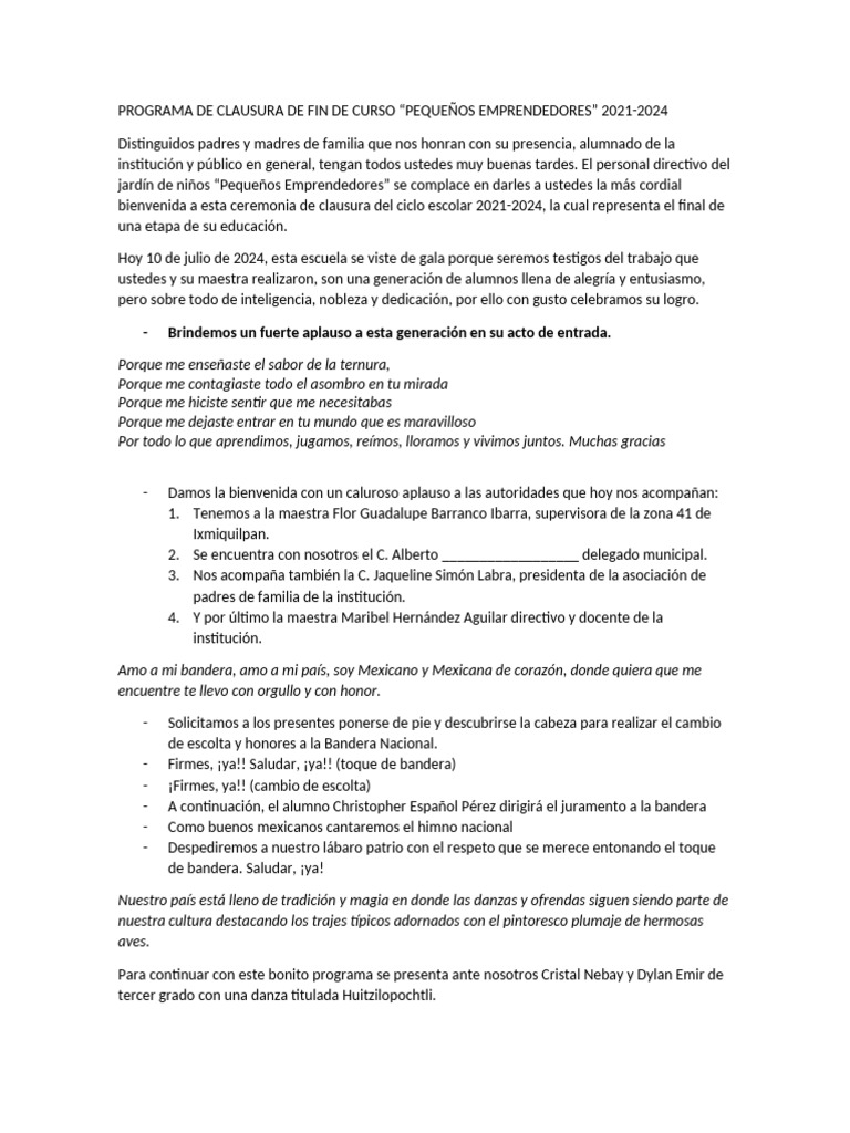 Programa de Clausura de Fin de Curso Pequeños Emprendedores | PDF