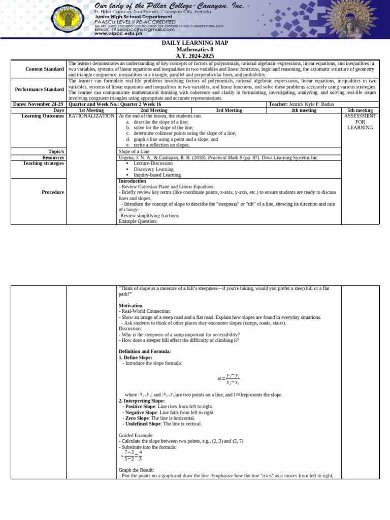 G8 MATH Q2 W16 | PDF | Slope | Line (Geometry)