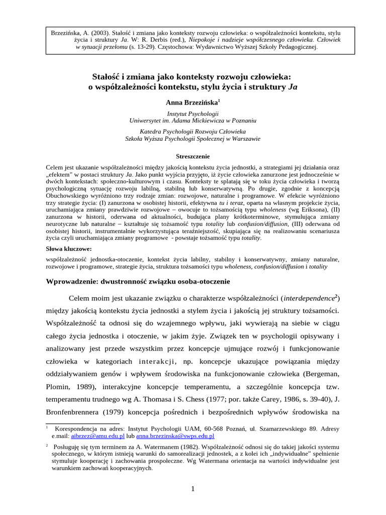 Psychologia Rozwojowa - Brzezinska - Wyklad 07 - Stałość Rozwojowa | PDF