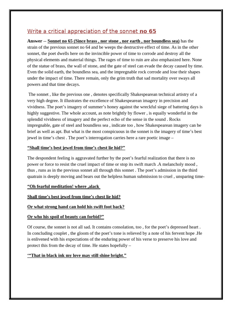 Sonnet No 65 Critical A Appreciation | PDF | Sonnets | British Poems