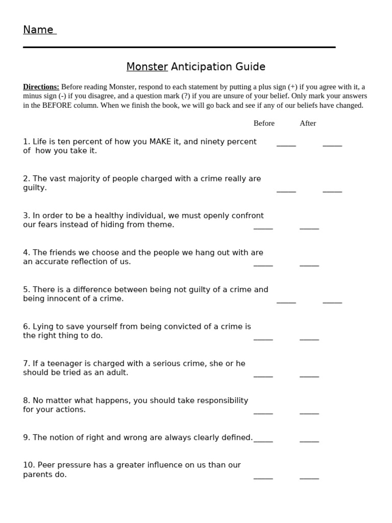 Monster Anticipation Guide Activity | PDF