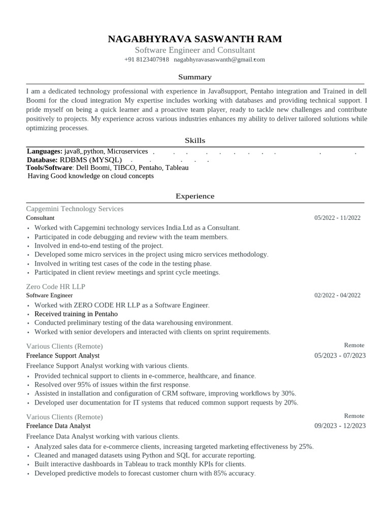 Nagabhyrava Saswanth Ram Resume | PDF | Data Analysis | Information Technology Management