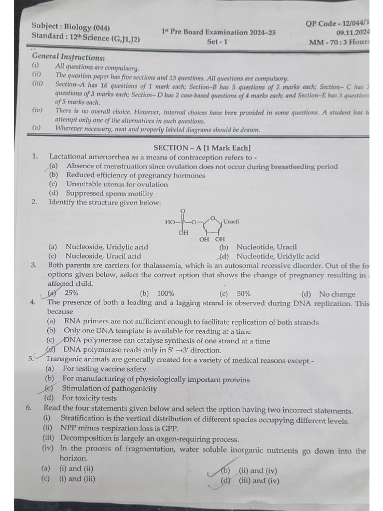 Bio Pre Boards 1 | PDF