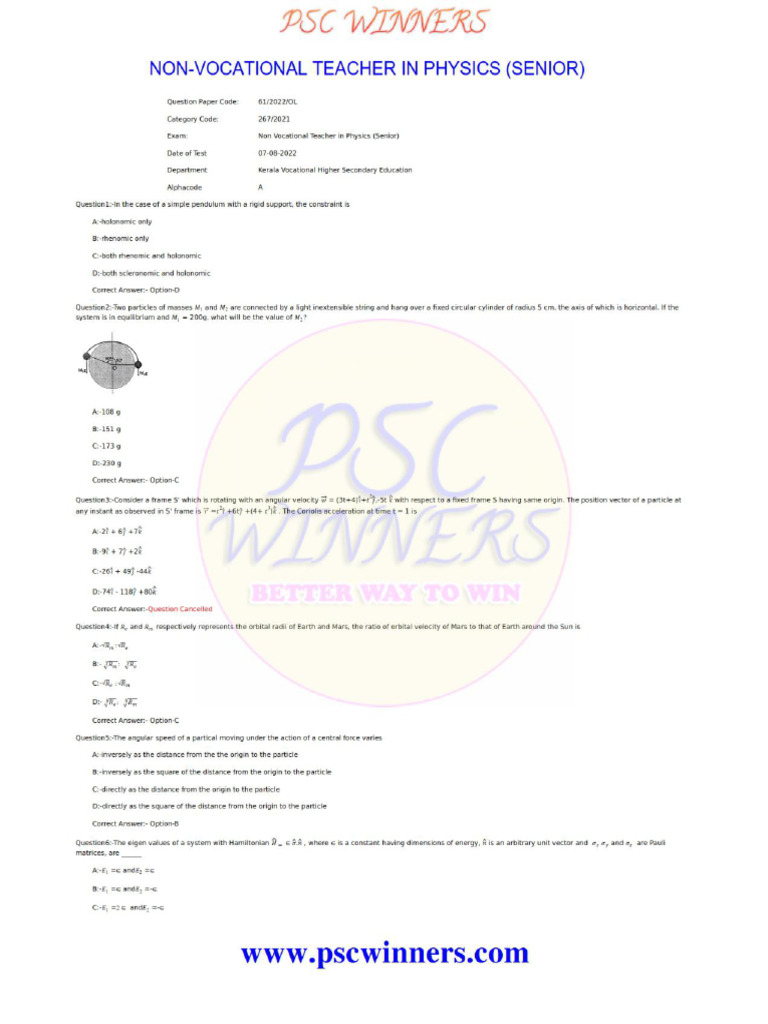 Non-Vocational Teacher in Physics (Senior) 2022 August@Psc Winners | PDF