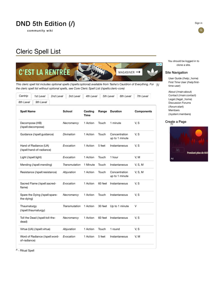 Cleric Spell List - DND 5th Edition | PDF | Gary Gygax Games | Dungeons ...