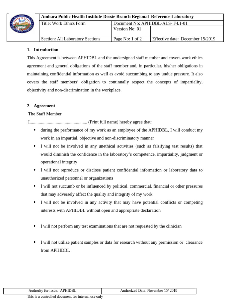 4.1-01 Work Ethics Form | PDF | Confidentiality | Laboratories