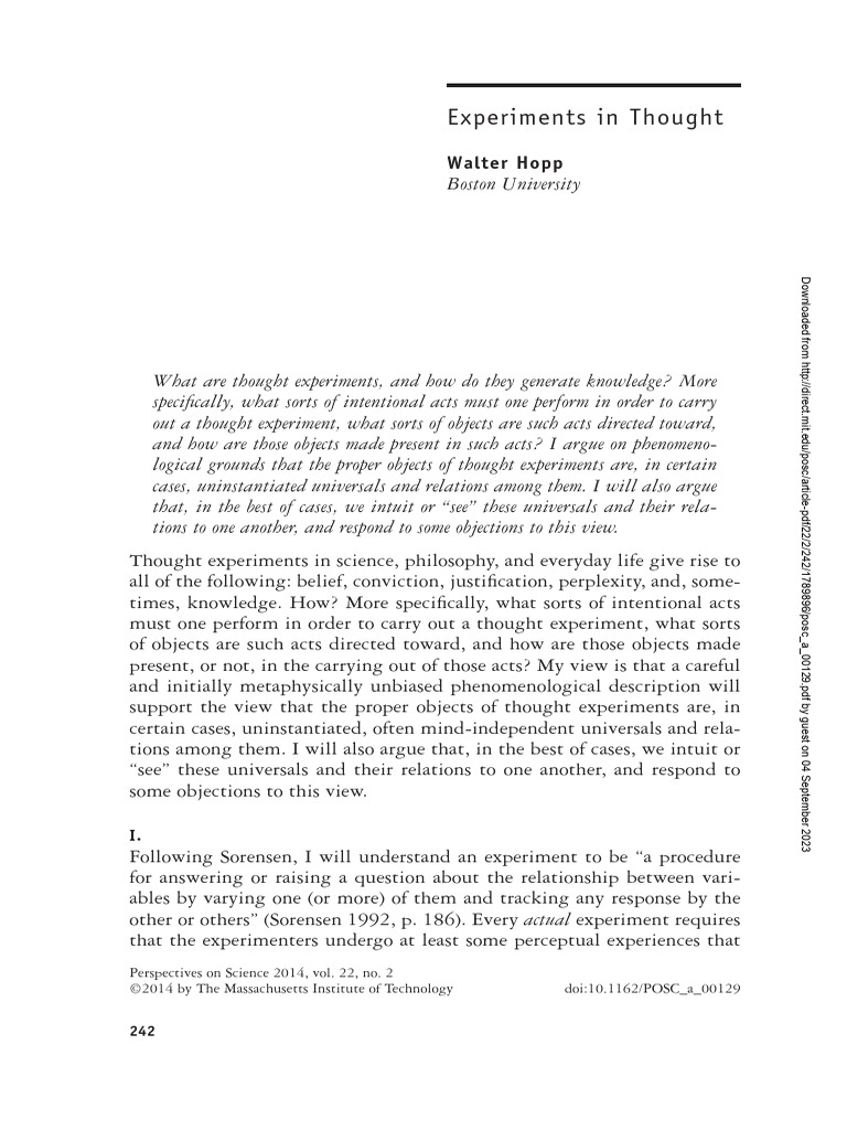 Experiments in Thought Walter Hopp | PDF | Thought | Causality
