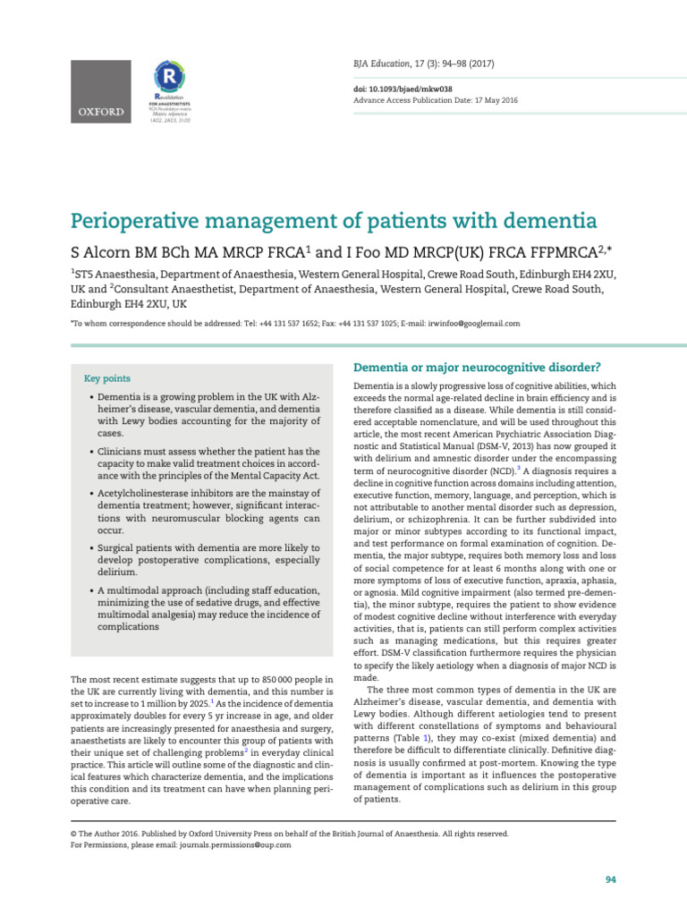 Perioperative Care for Dementia Patients | PDF | Dementia | Anesthesia