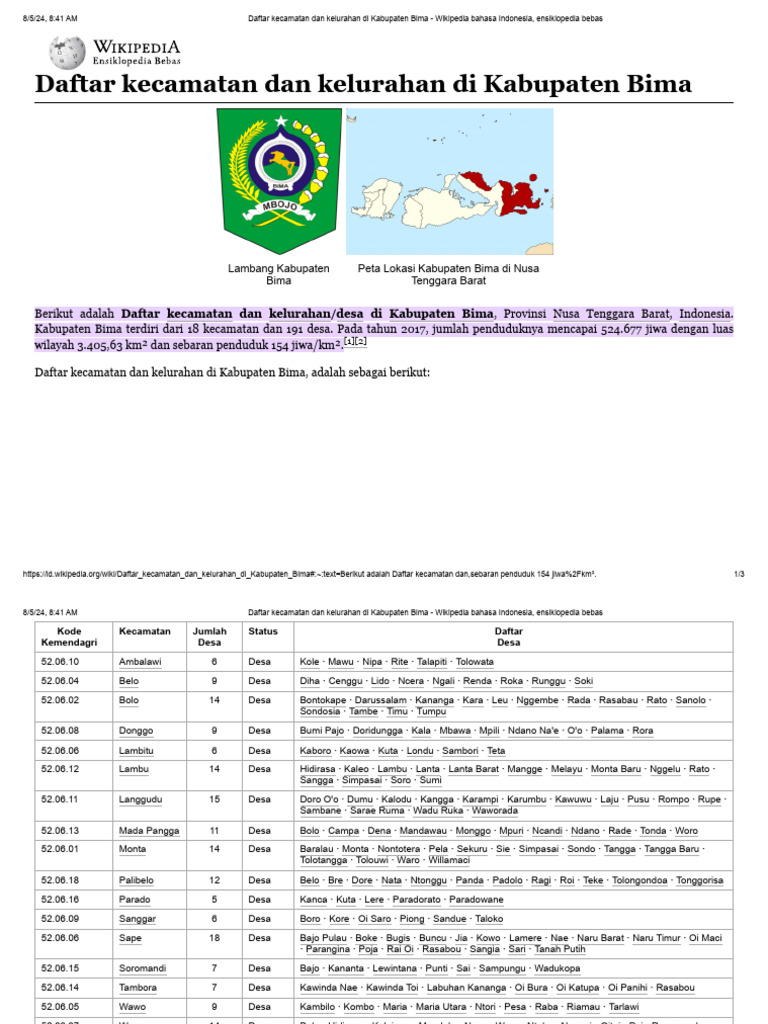 Daftar Kecamatan Dan Kelurahan Di Kabupaten Bima - Wikipedia Bahasa ...
