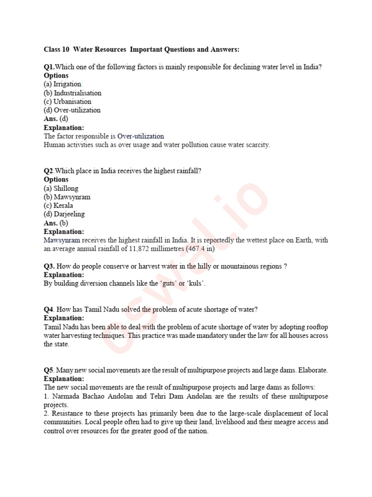 Class 10 Water Resources Important Questions and Answers: Q1. Options | PDF