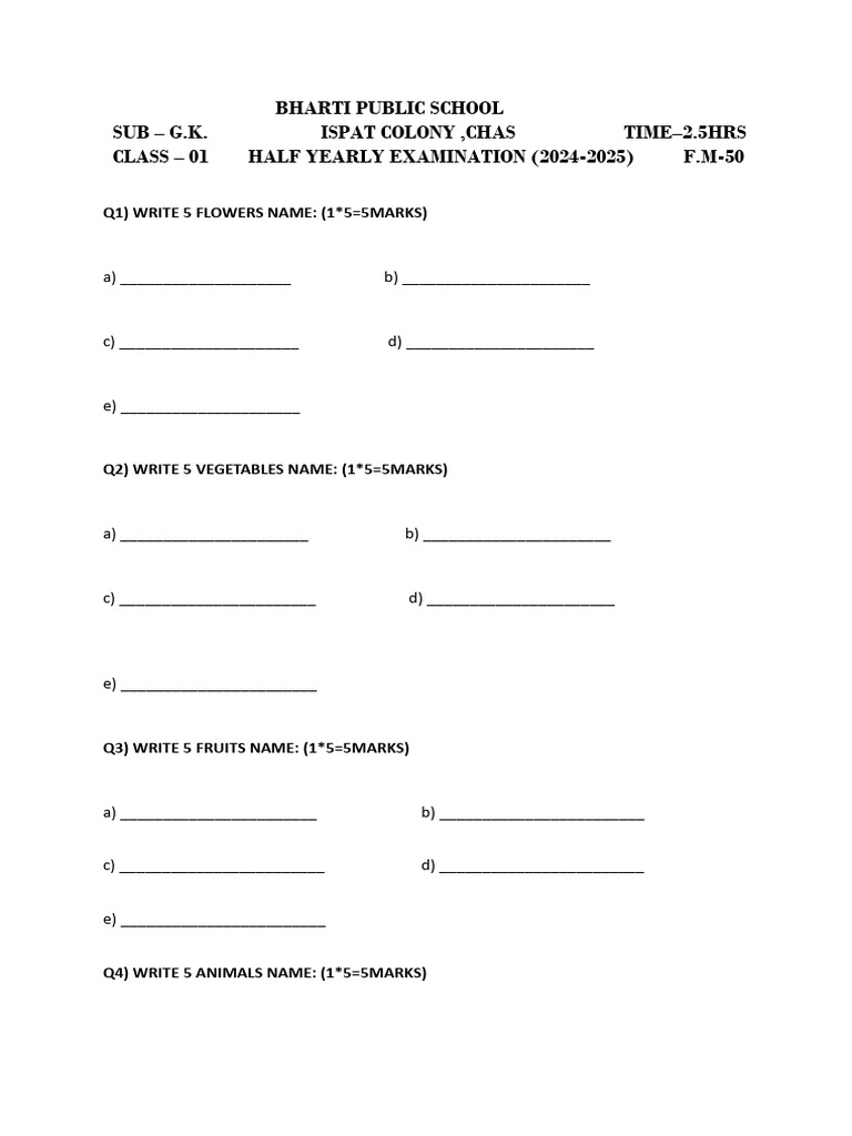 Class 1 GK Half-Yearly Exam 2024-25 | PDF
