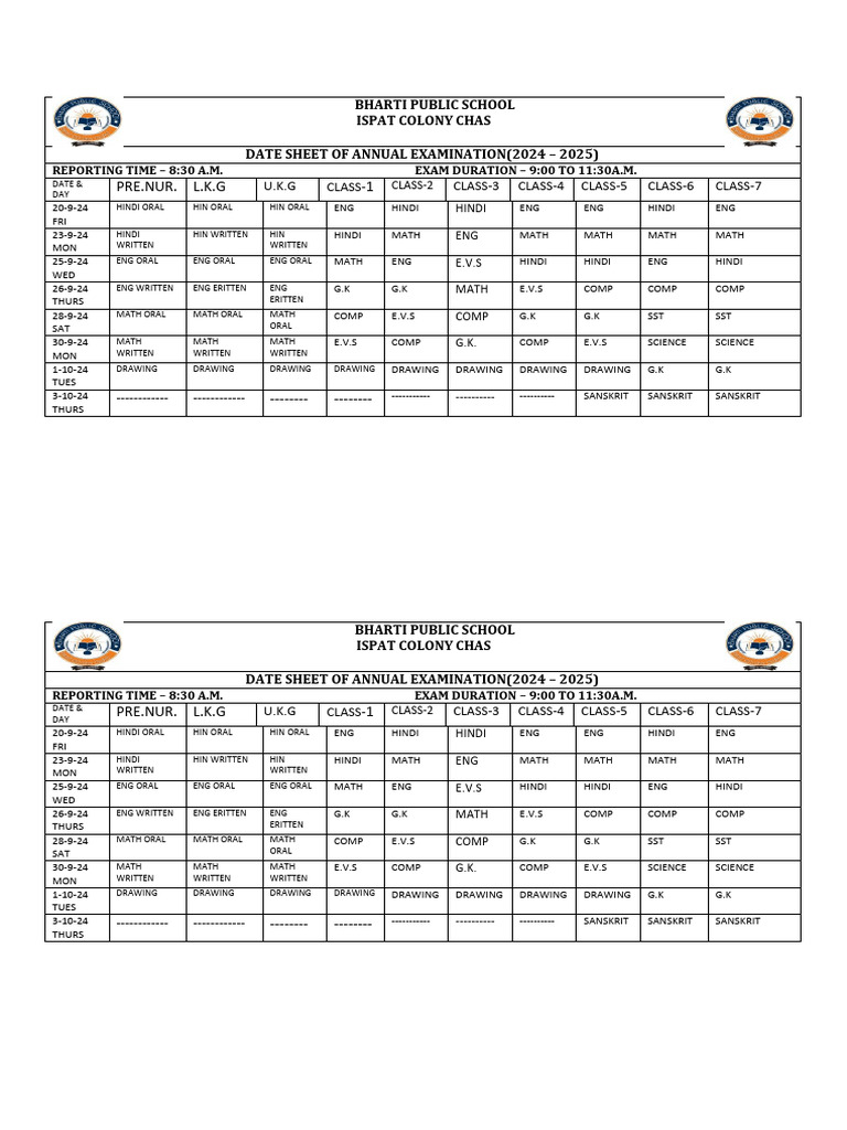 Date Sheet Bharti Public Schol-1 | PDF | Languages Of India