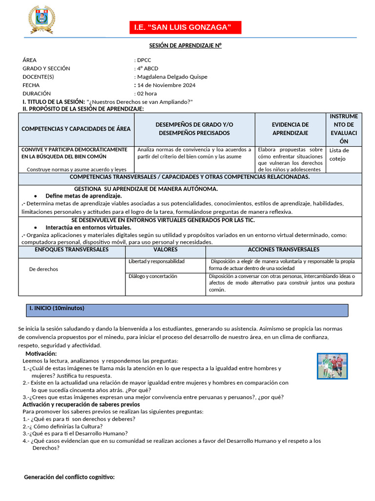 Sesion de Aprendizaje DPCC 14-11-2024 Prof. Magdalena Delgado Quispe 4° B | PDF | Aprendizaje ...