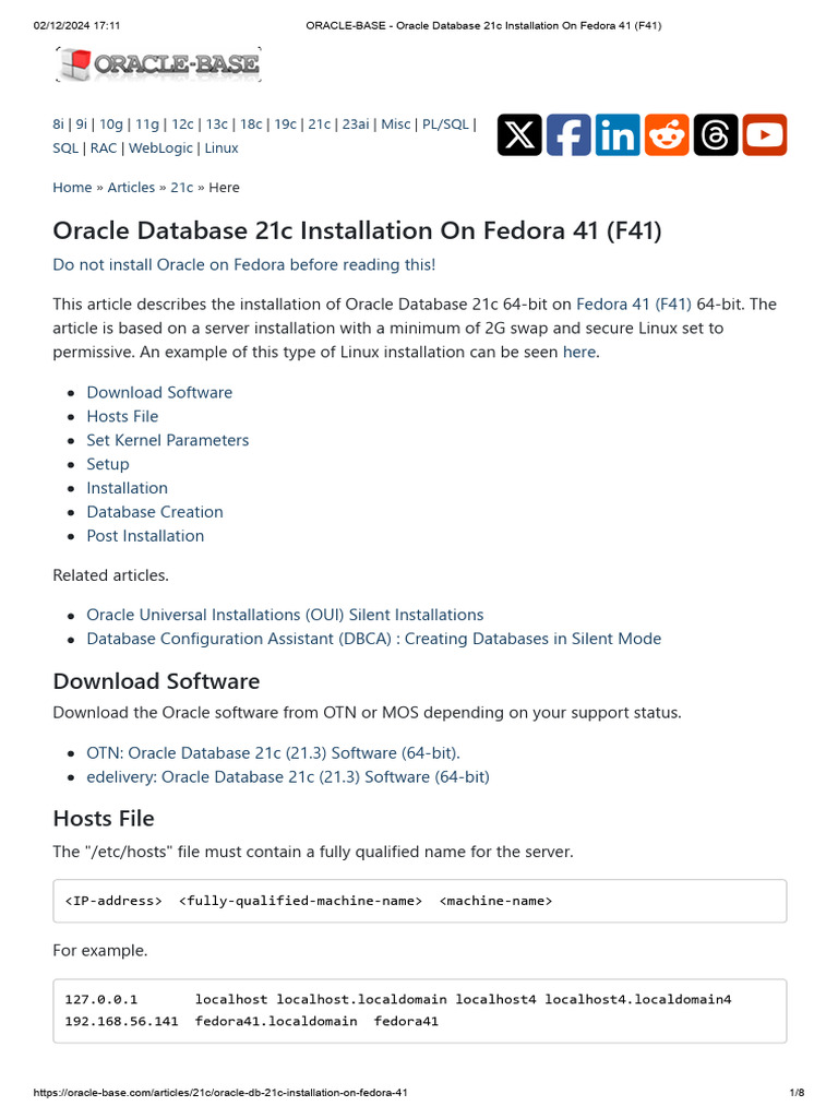 ORACLE-BASE - Oracle Database 21c Installation On Fedora 41 (F41) | PDF | Installation (Computer ...