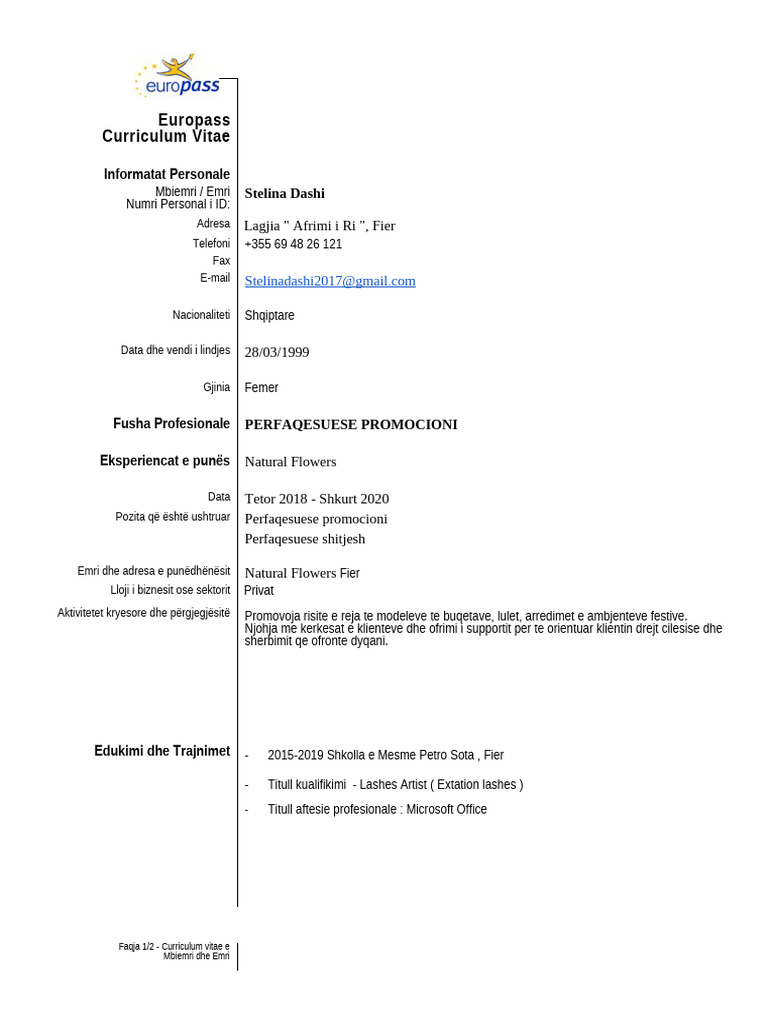 CV Europas-Shqip - Stelina Dashi | PDF