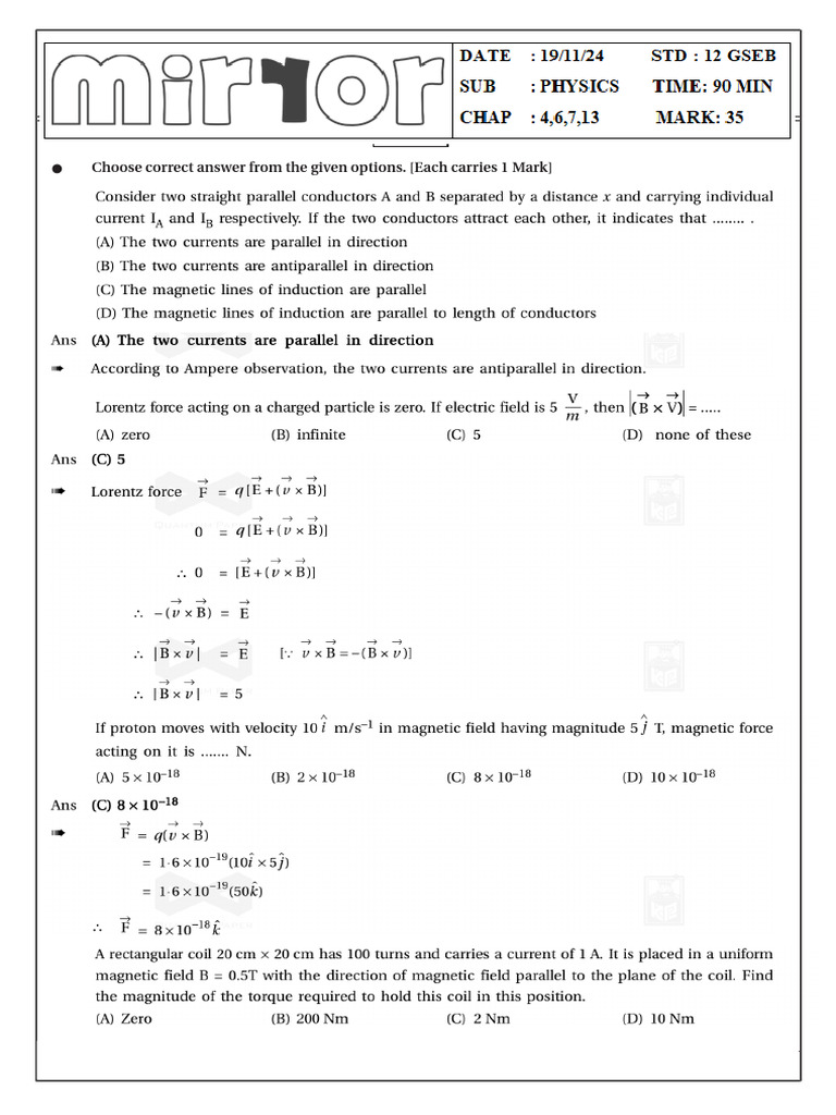 Std-12 Gseb Physics Ch-4,6,7,13 Solution 19-11-24 | PDF